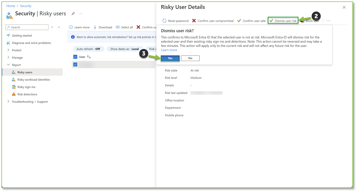 Identity Protection Dismiss User Risk Action