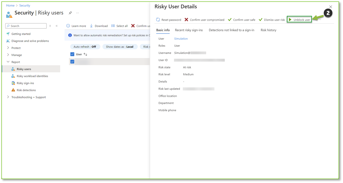 Identity Protection Unblock User Action