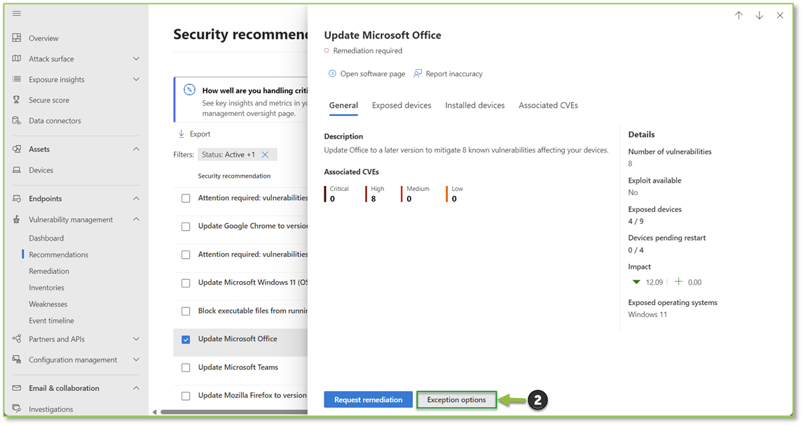 Defender Vulnerability Management Exception Action