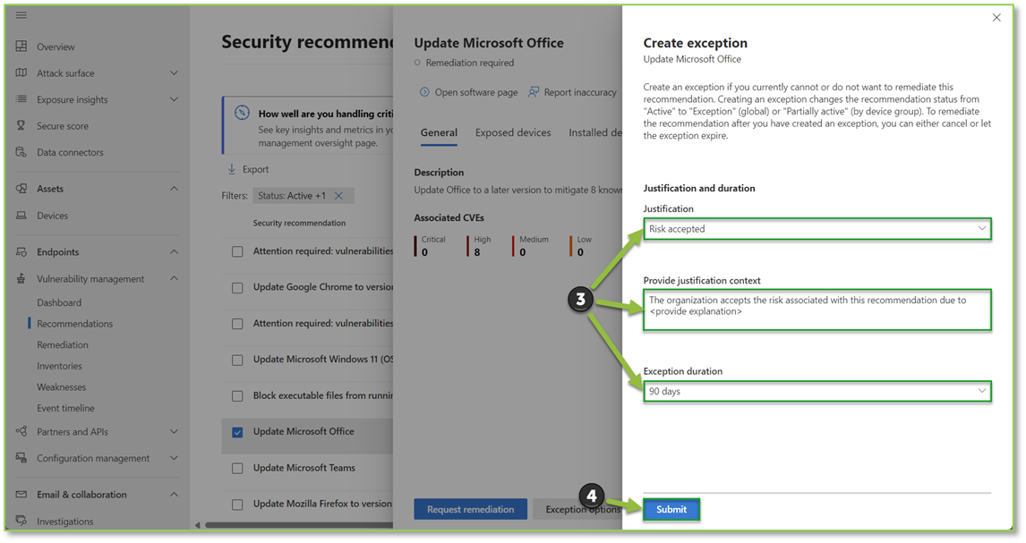 Defender Vulnerability Management Exception Action