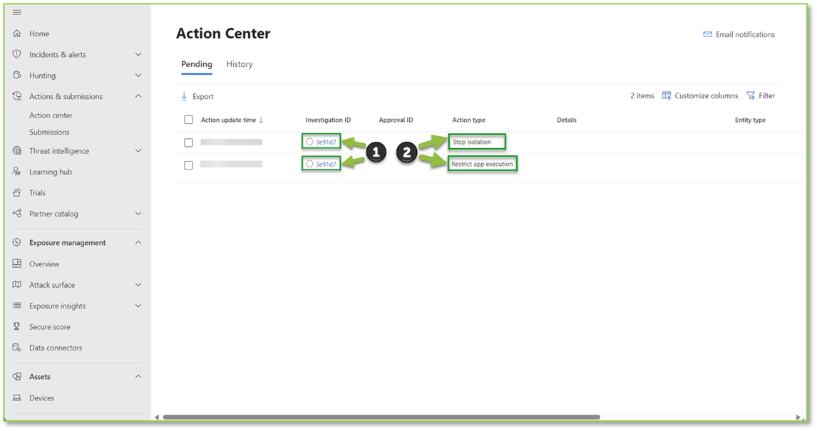 Defender Device Security Action Center Queue