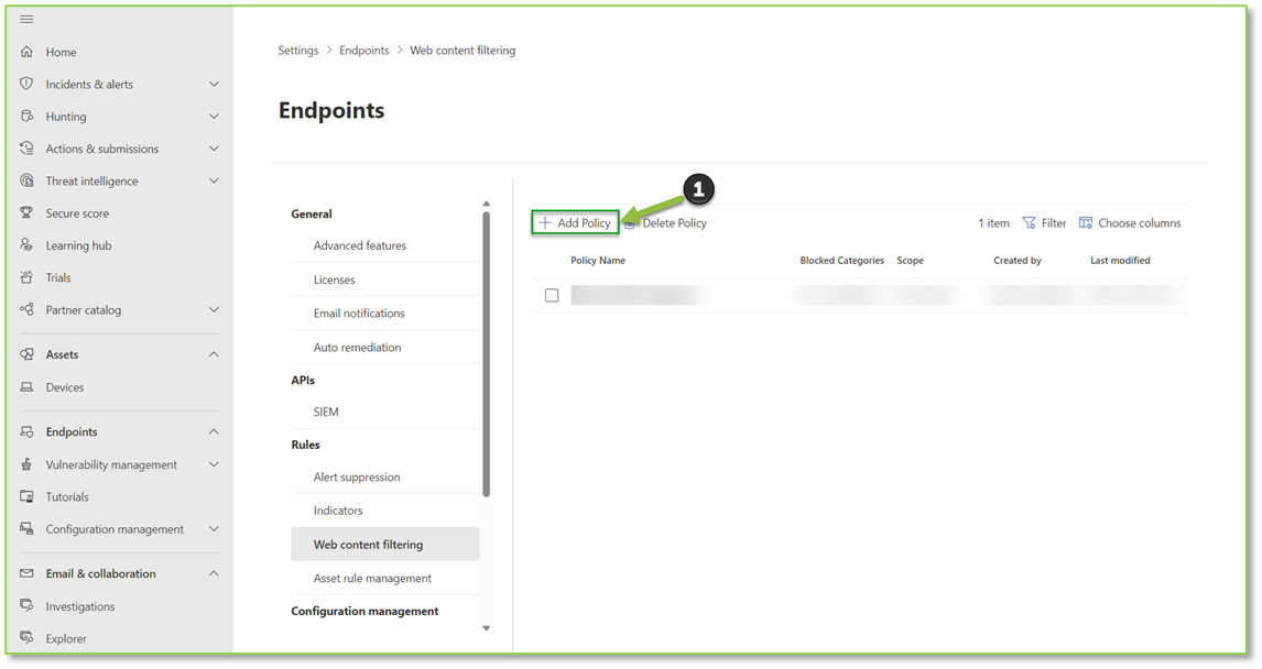 Defender Web Filter Policy Creation